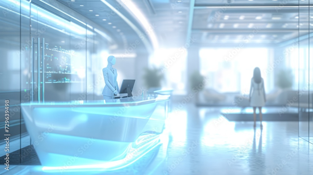 Abstract futuristic office lobby with holographic receptionist and ...