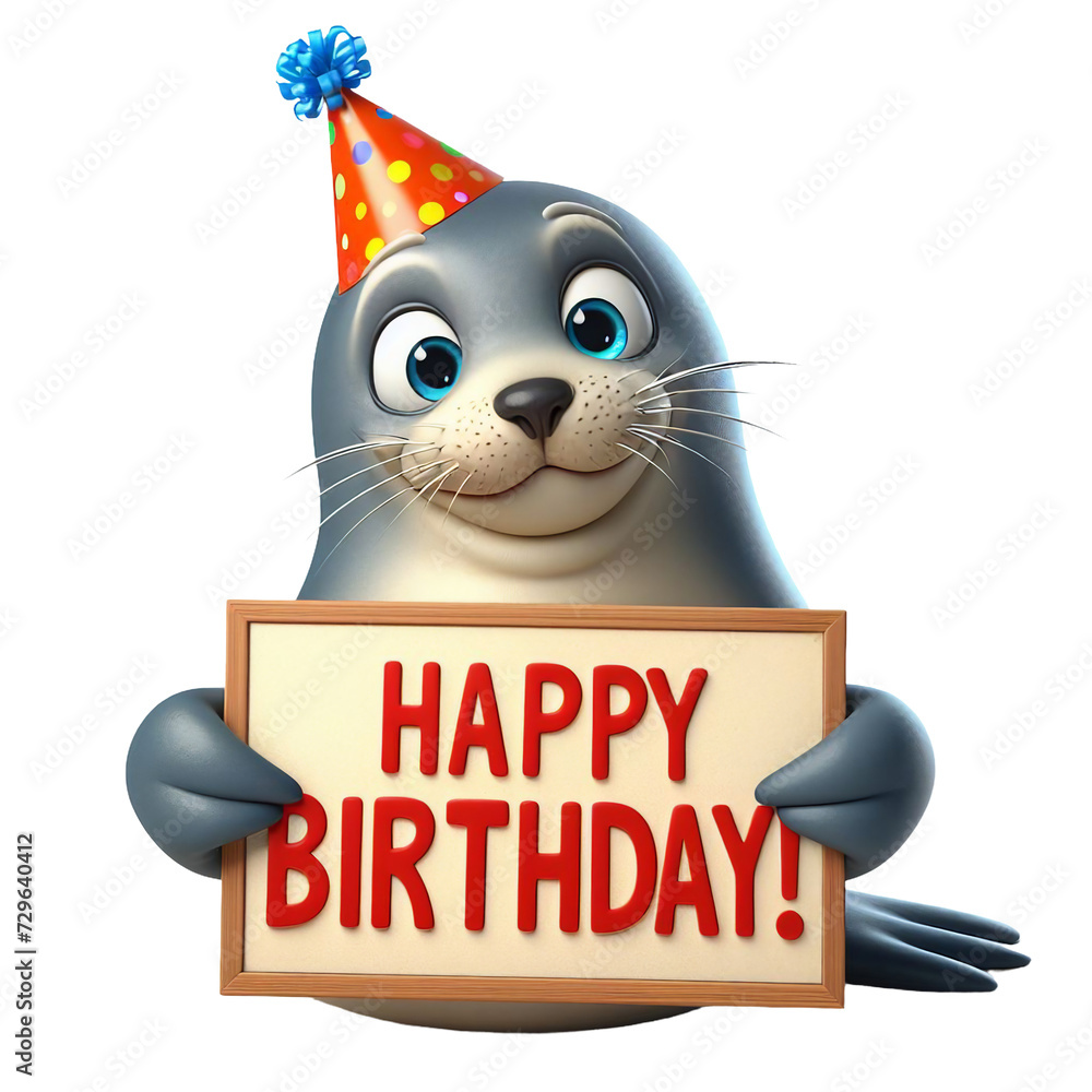Cute Animal 3D Seal Holding 'Happy Birthday' Board and Wearing Party ...