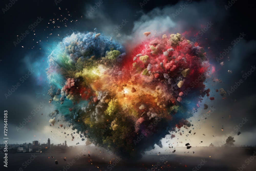 heart shape of colorful powder exploding in the sky. Global love for ...