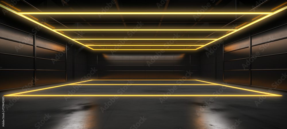 wide background banner of a dark empty garage, hangar with gold yellow ...