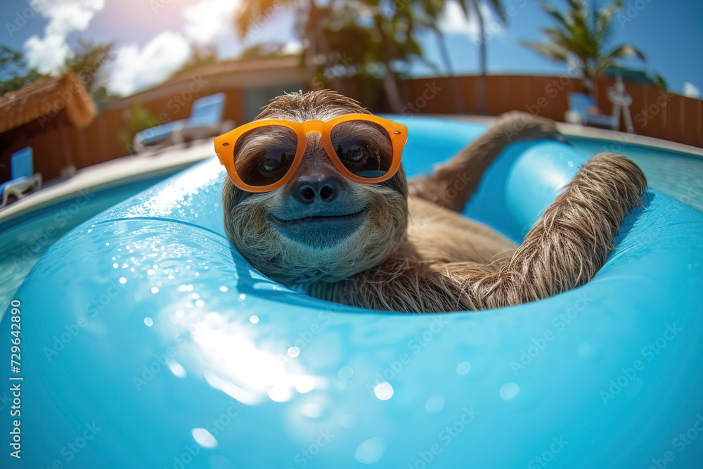 Cheerful happy sloth with sunglasses swimming in the pool on an ...