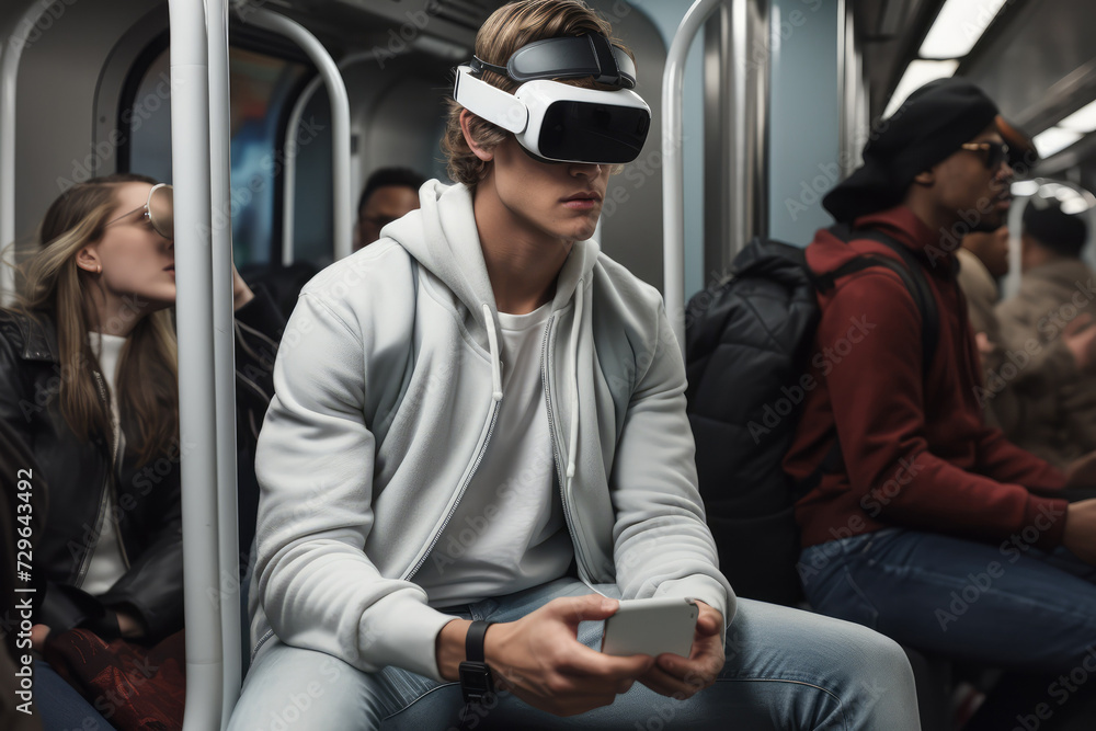Caucasian man using vision reality headset in subway metro train ...