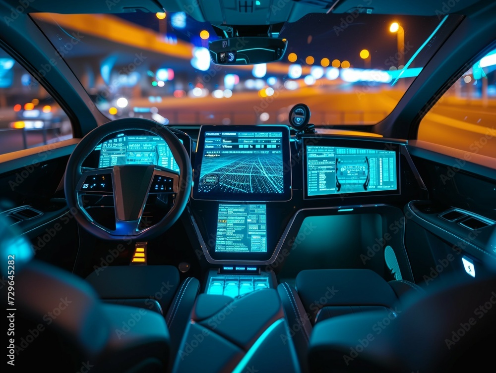 Futuristic autonomous vehicle cockpit. Interior of unmanned car cockpit ...