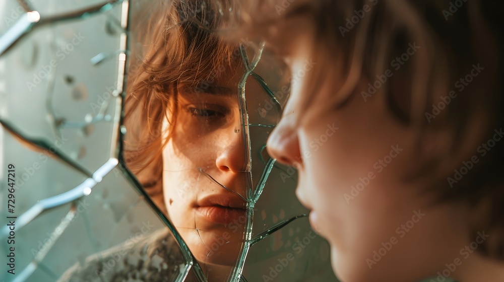 Identity Crisis Person Gazing Into Cracked Mirror Ultra Realistic 8k