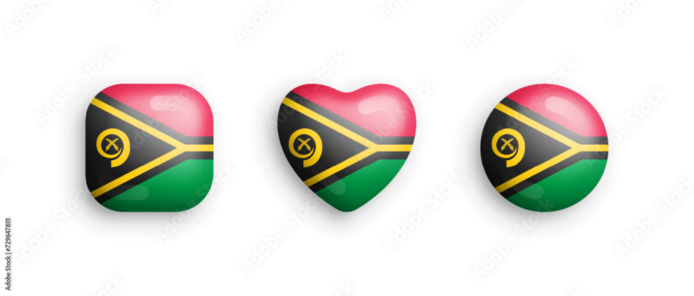 Vecteur Stock Vanuatu Official National Flag 3D Vector Glossy Icons In Rounded Square, Heart And ...