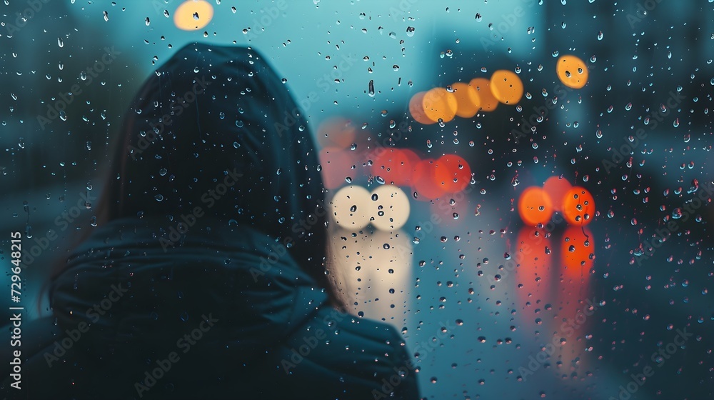 Contemplative Rainy Day Blues: Staring Out Rain-Splattered Window in ...