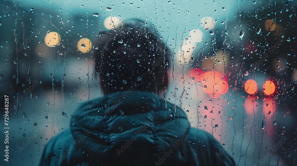 Contemplative Rainy Day Blues: Staring Out Rain-Splattered Window in ...