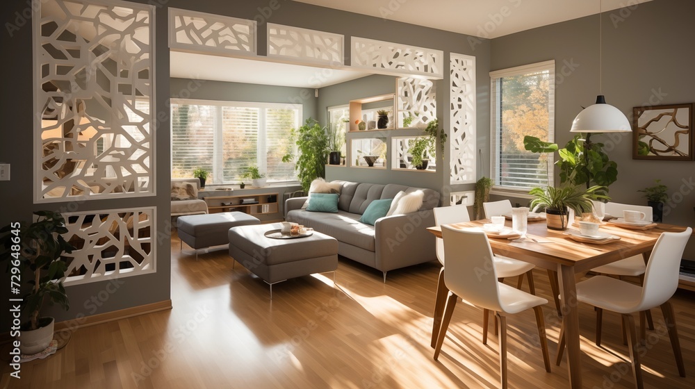 Utilize a room divider to create separate zones for living, dining, and ...