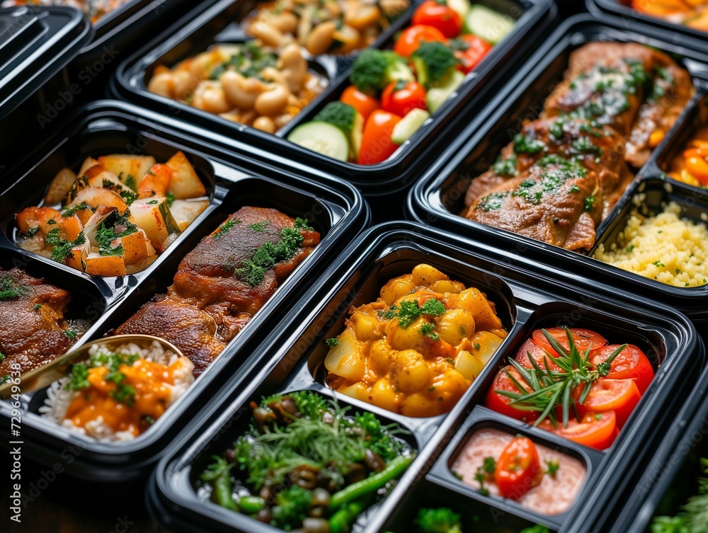 Prepared food for healthy nutrition in lunch boxes. Catering service ...