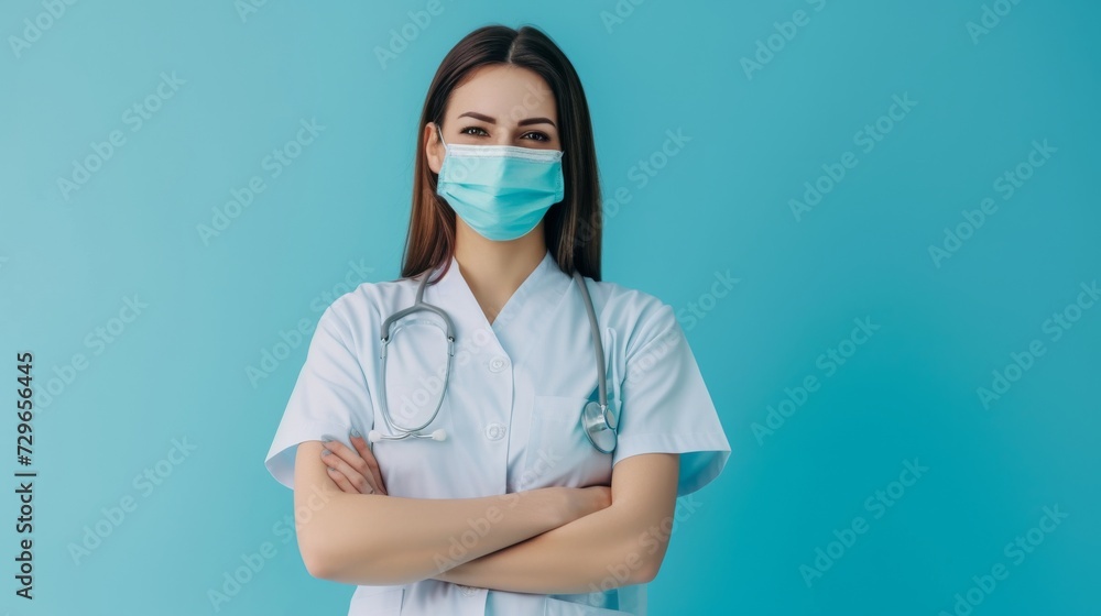 A determined healthcare worker stands proudly in her scrubs and mask ... A determined healthcare worker stands proudly in her scrubs and mask ...