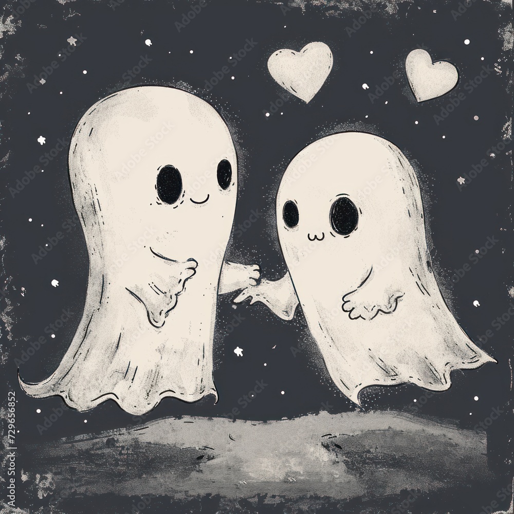 Cute ghost couple hugging and affection creating a symbol of love with ...
