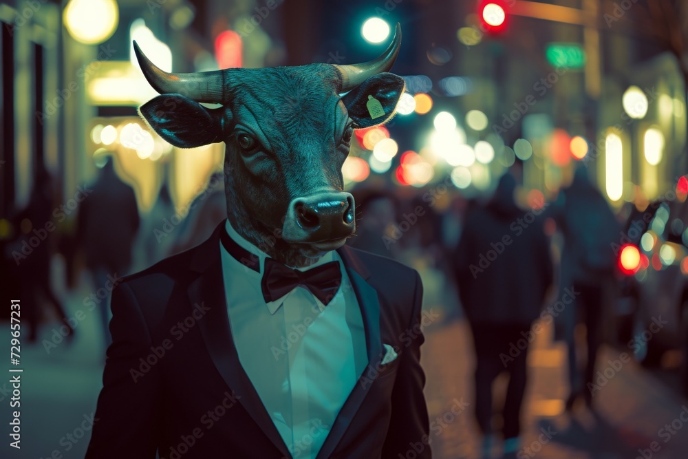 A stylish man donning a cow head mask stands confidently on a city ...