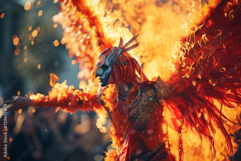 A fiery being adorned in a cloak of wings and feathers radiates intense ...
