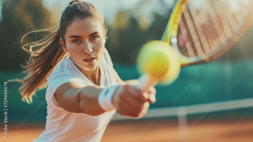 A fierce woman dominates the tennis court, gracefully hitting the ball ...
