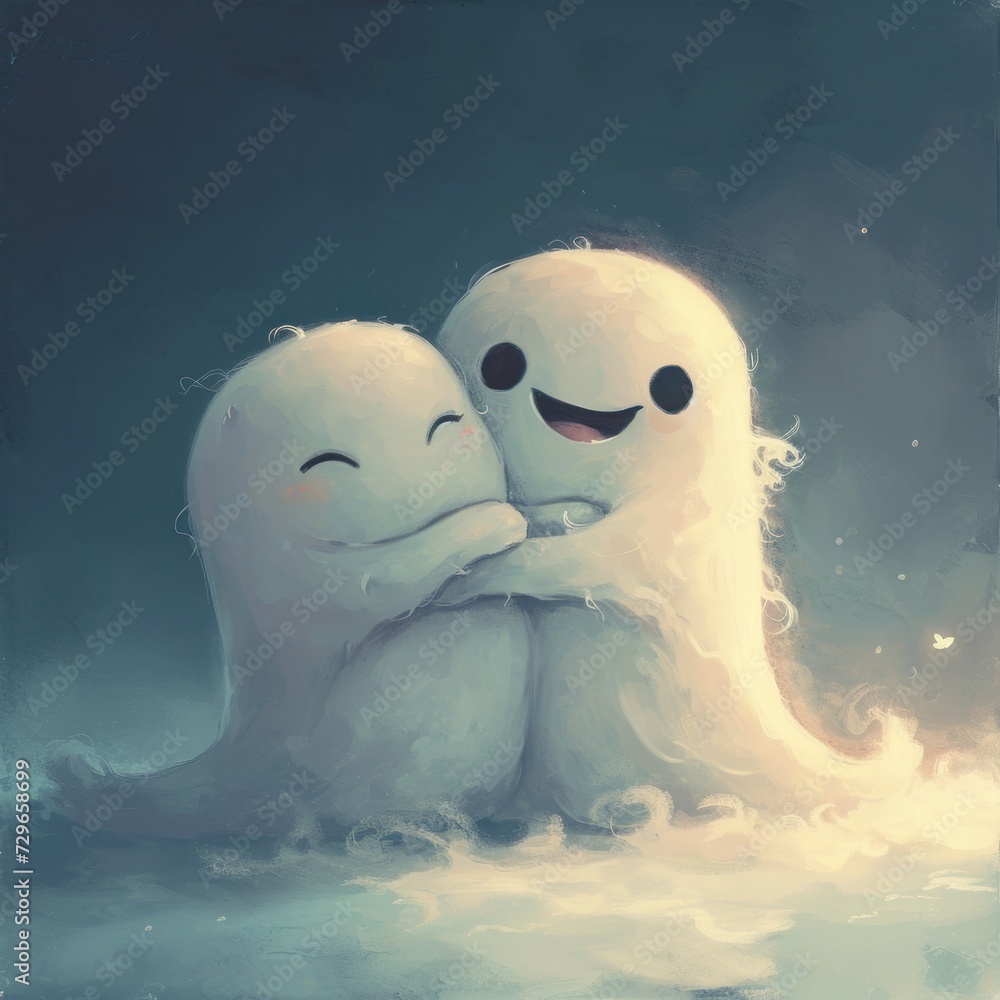 Cute ghost couple hugging and affection creating a symbol of love with ...