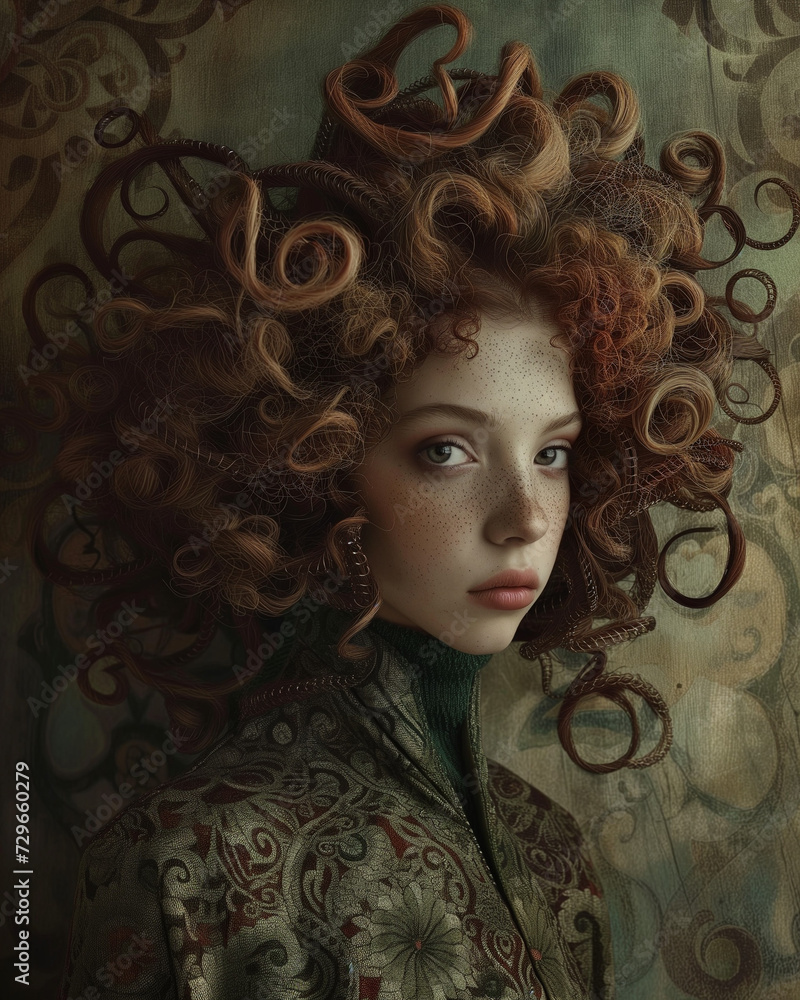 Renaissance-inspired portrait of a young woman with ornate hair ideal ...