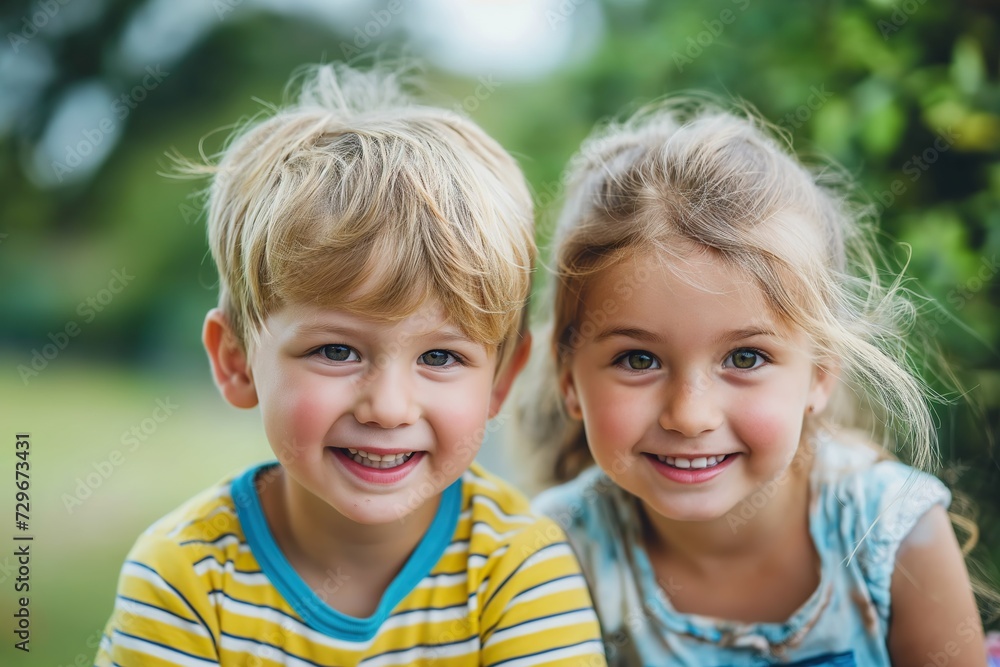 Two exuberant young children strike a pose, brimming with delight and ...