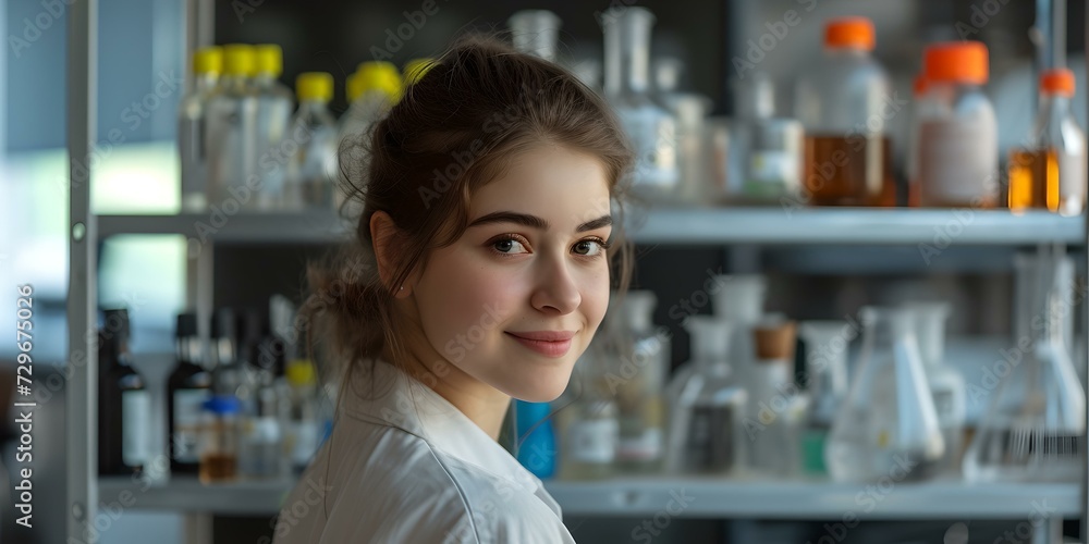Confident young female scientist in a lab coat smiling. professional ...
