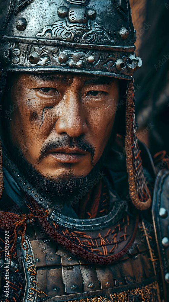 A close-up portrayal of a Mongol warrior in traditional attire Stock ...