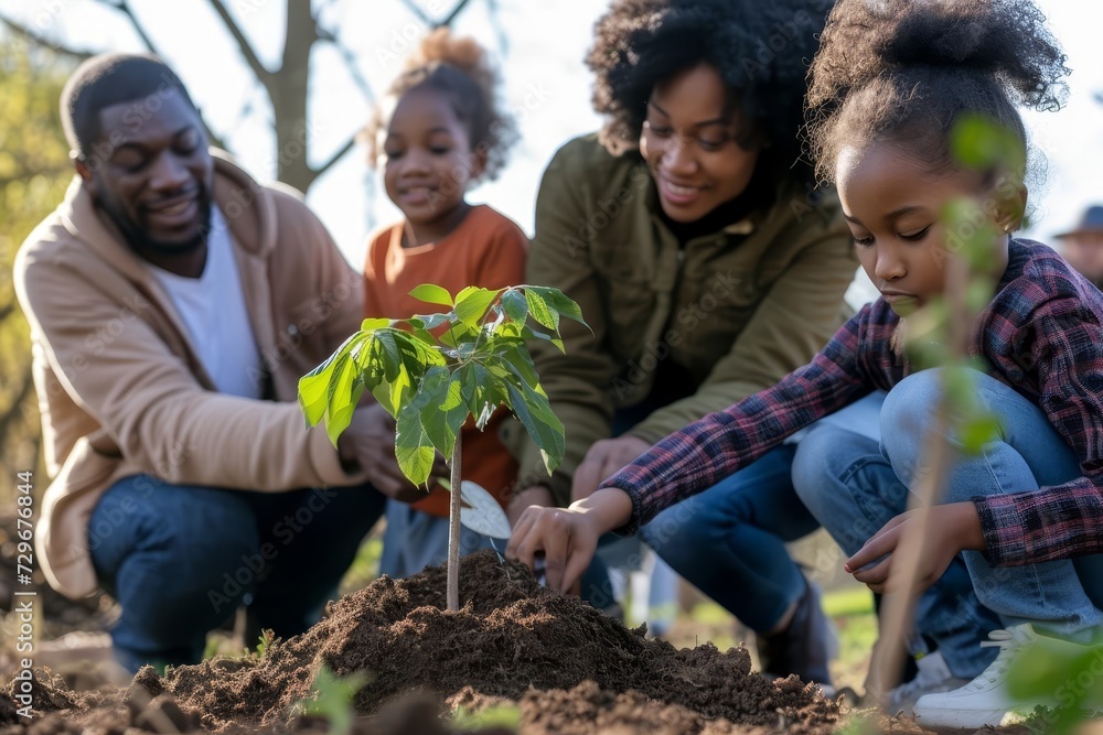 Diverse family honoring a loved one by planting a tree together A ...