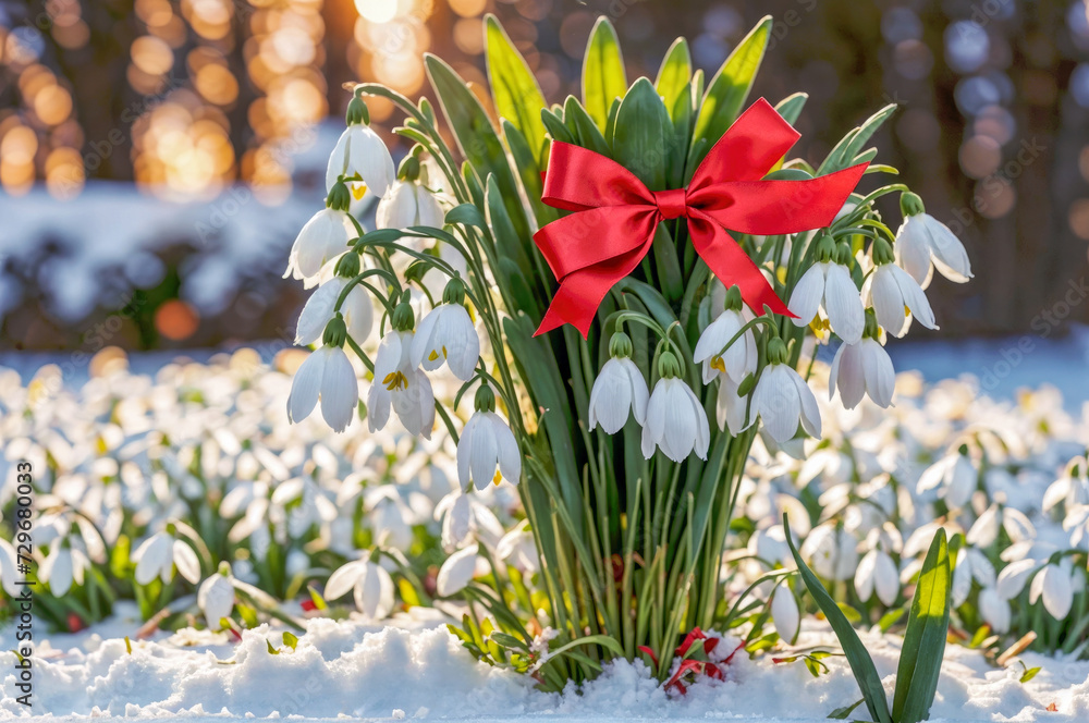 Bouquet of snowdrops is tied with a red ribbon and stands in the snow ...