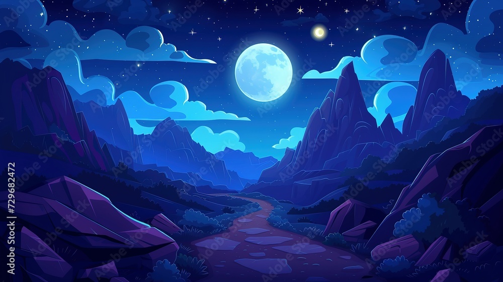 Night mountain landscape with path leading to rocky hills under starry ...