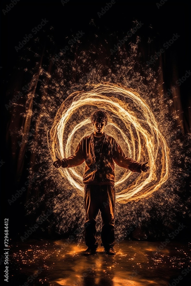 Fire show at the circus. Young man in fire suit dancing on stage. Stock ...