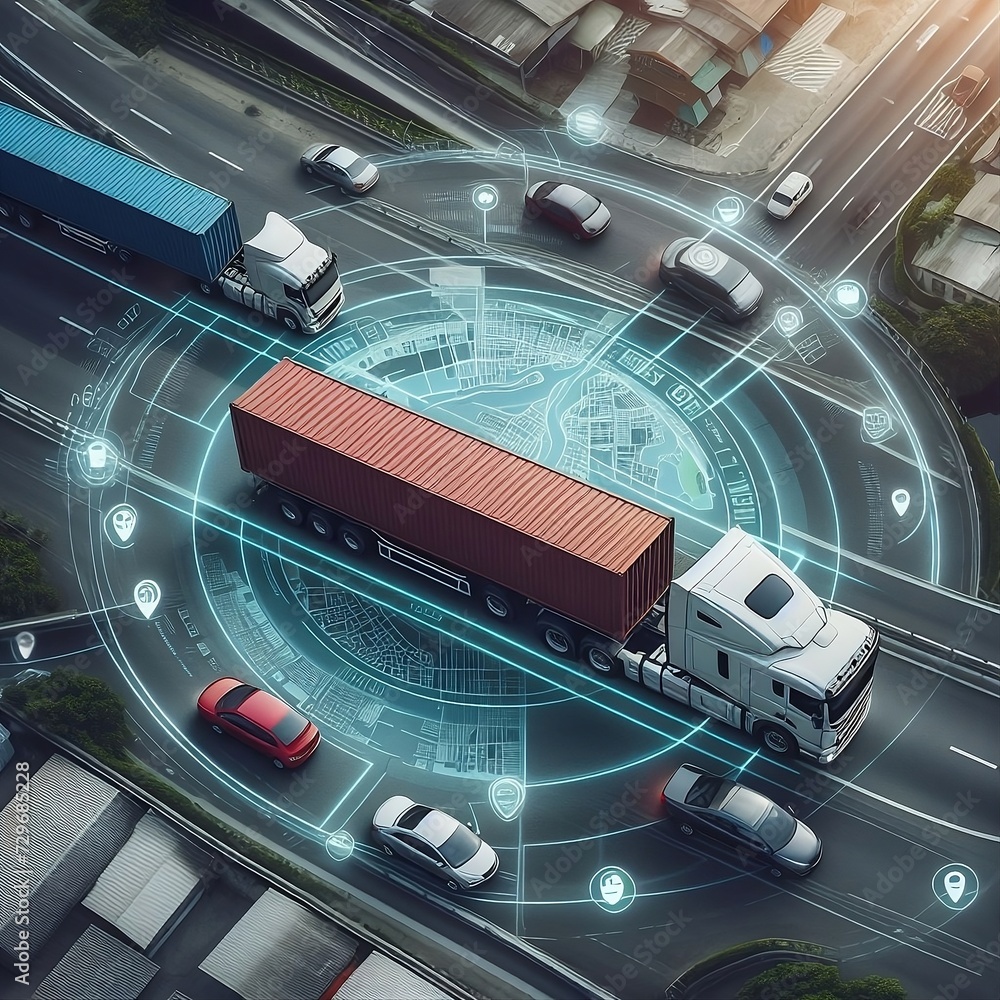 Gps tracking from top view moving truck with container on a map created ...