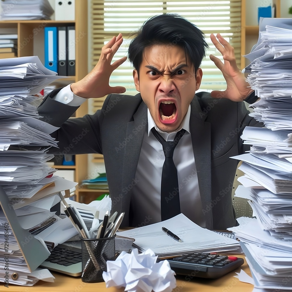Pissed off asian office worker cluttered with paperwork shouting, theme ...