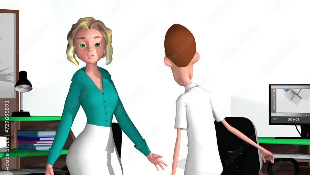 3d animation, two cartoons characters speaking on office near a desk ...