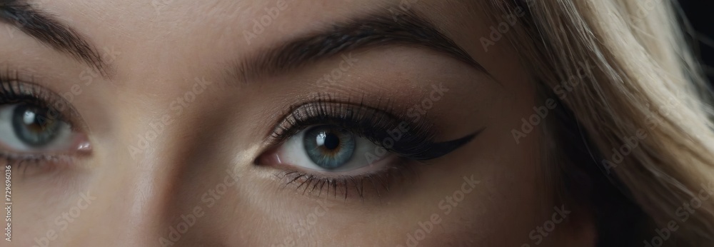 Beautiful female blue eyes with cat eye makeup. Close-up. Smooth skin ...
