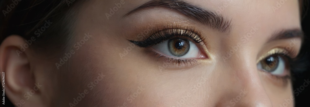 Beautiful female green eyes with cat eye makeup. Close-up. Smooth skin ...