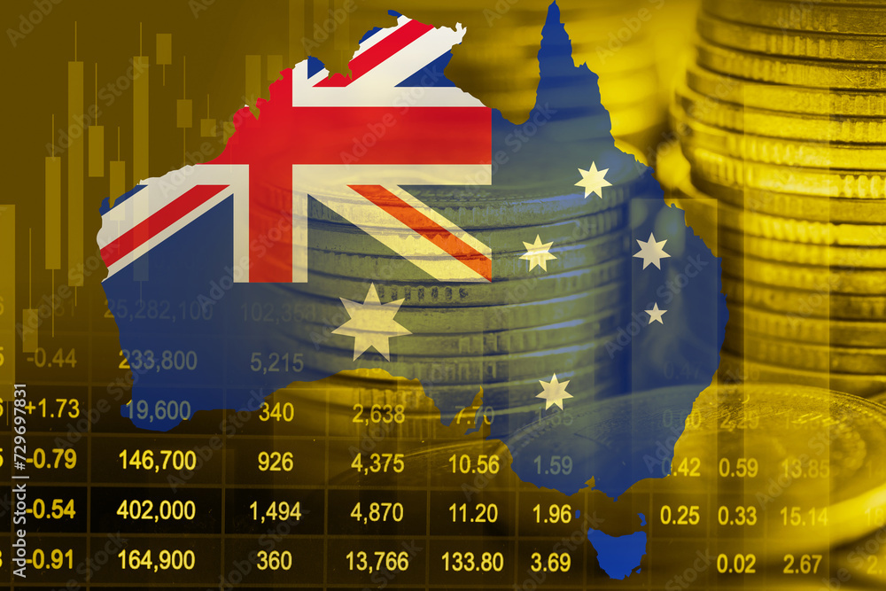 Australia flag and map with stock market finance, economy trend graph ...