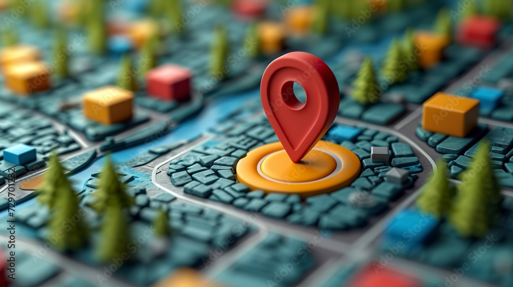 A 3D location icon emerges prominently on a city map symbolizing ...