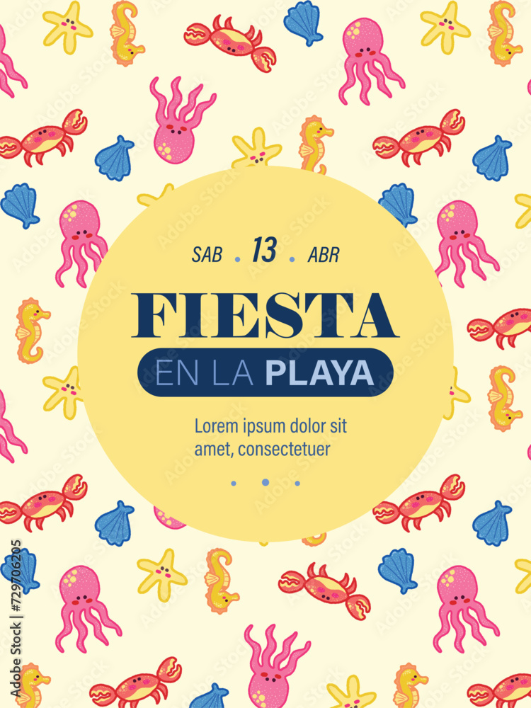 Plantilla invitación fiesta en la playa con fondo de animales del mar ...