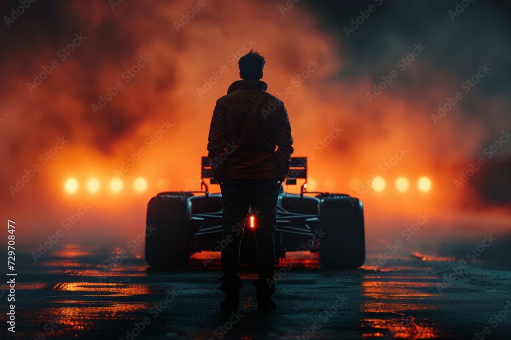 Formula 1 pilot, standing in front of a F1 car in night. Fog and ...