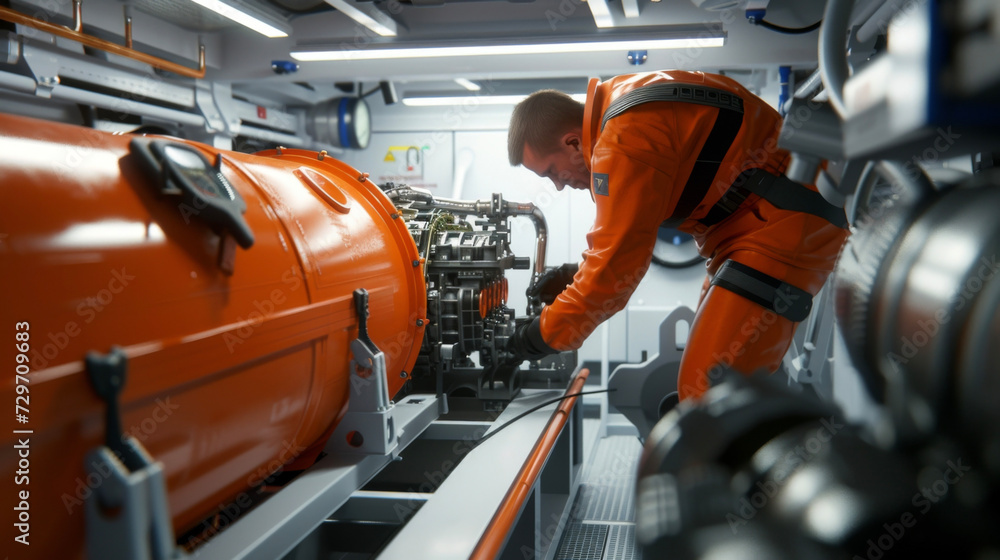 During a routine maintenance check the Third Officer carefully inspects ...