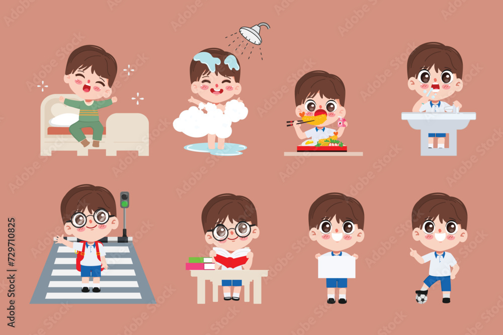 Cute cartoon chibi boy student character. Cartoon Kid in daily routine ...