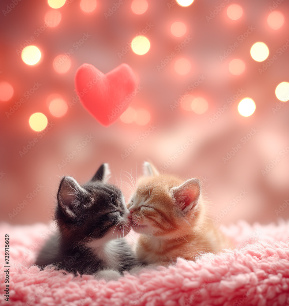Cute cuddly kittens kiss In a fluffy pink blanket with red heart ...