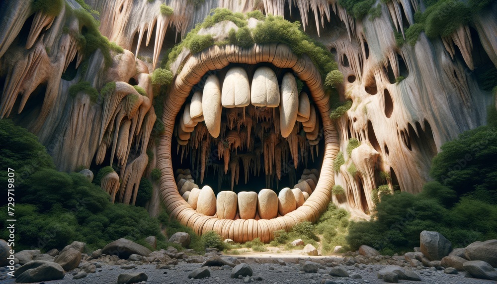 A whimsical, animated artwork of a cave entrance that looks like an ...