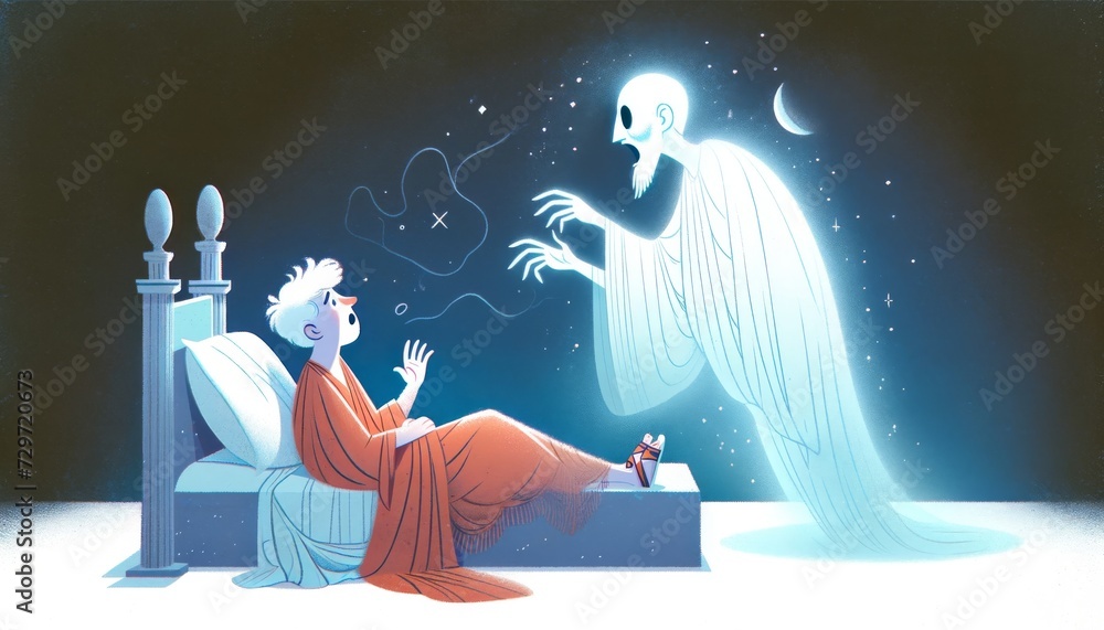 A whimsical, animated-style image of the ghost of Hector appearing in a ...