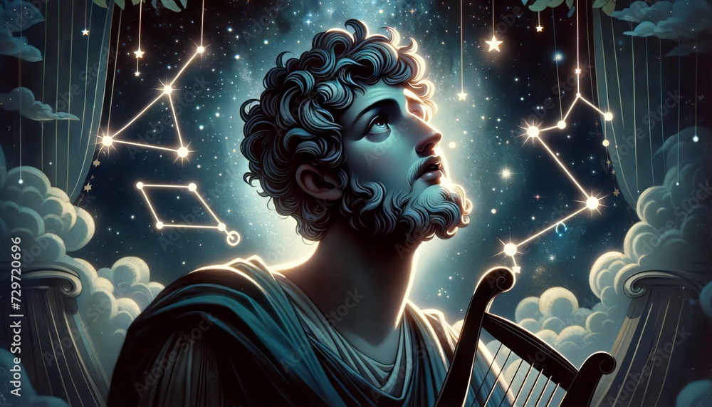 A whimsical, animated art style depiction of a portrait of Orpheus with ...