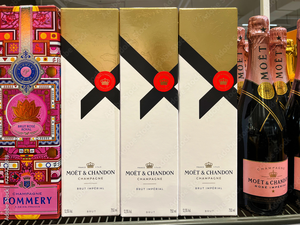 Moet & Chandon Brut Imperial Champagne Bottles in Gift Packaging Stock ...
