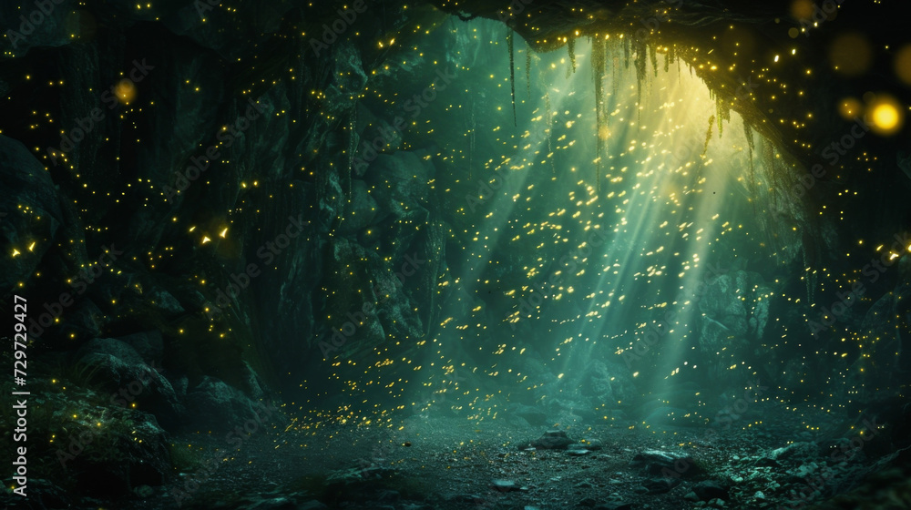 A dark and mystical cave lit by the slow and rhythmic movement of ...
