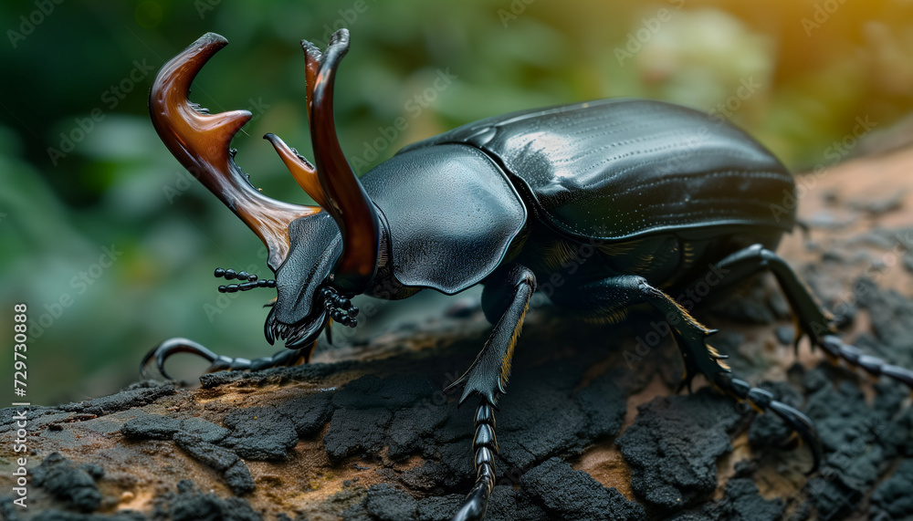 macro shot captures a stag beetle with impressive horns and a shiny ...