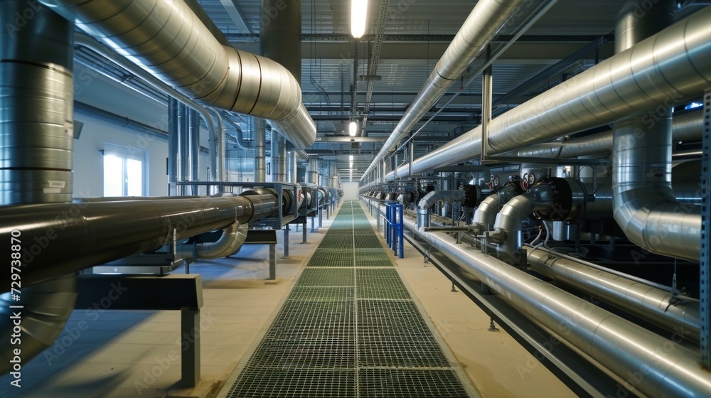 A series of pipes running through the factory carrying biogas produced from anaerobic digestion ...