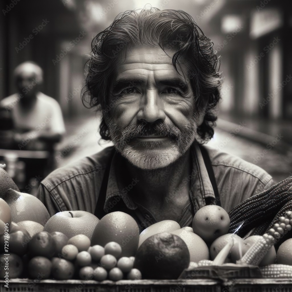 Street portrait of a street vendor selling fruits and vegetables ...