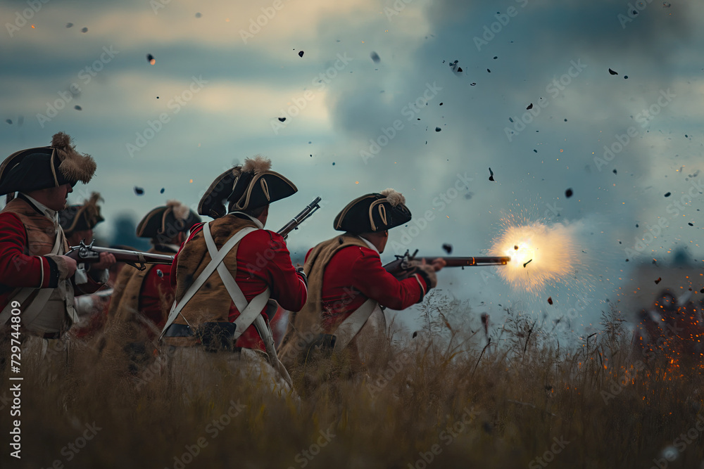 Dramatic Reenactment of a Battle with Soldiers in Red Coats Firing ...