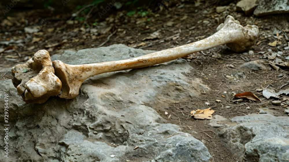 A femur bone juts out from the ground its smooth surface worn down from ...