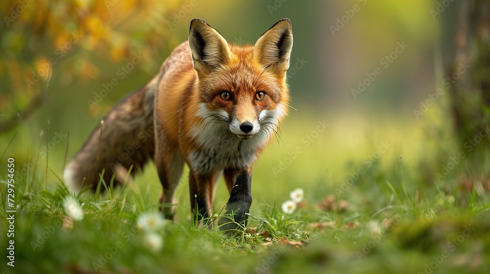 Red Fox hunting, Vulpes vulpes, wildlife scene from Europe. Orange fur coat animal in the nature ...